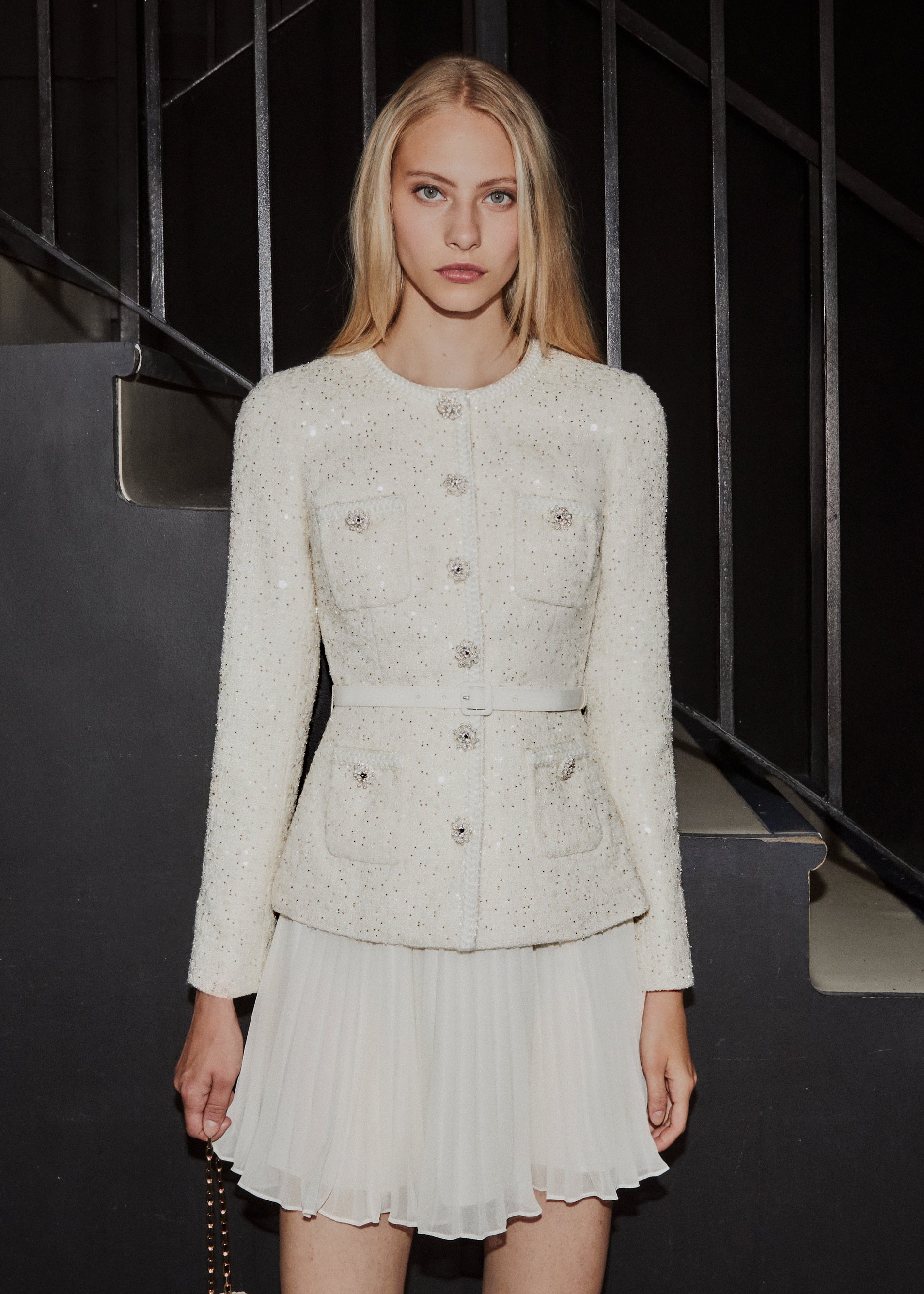 Cream Sequin Boucle Tailored Mini Dress Self Portrait